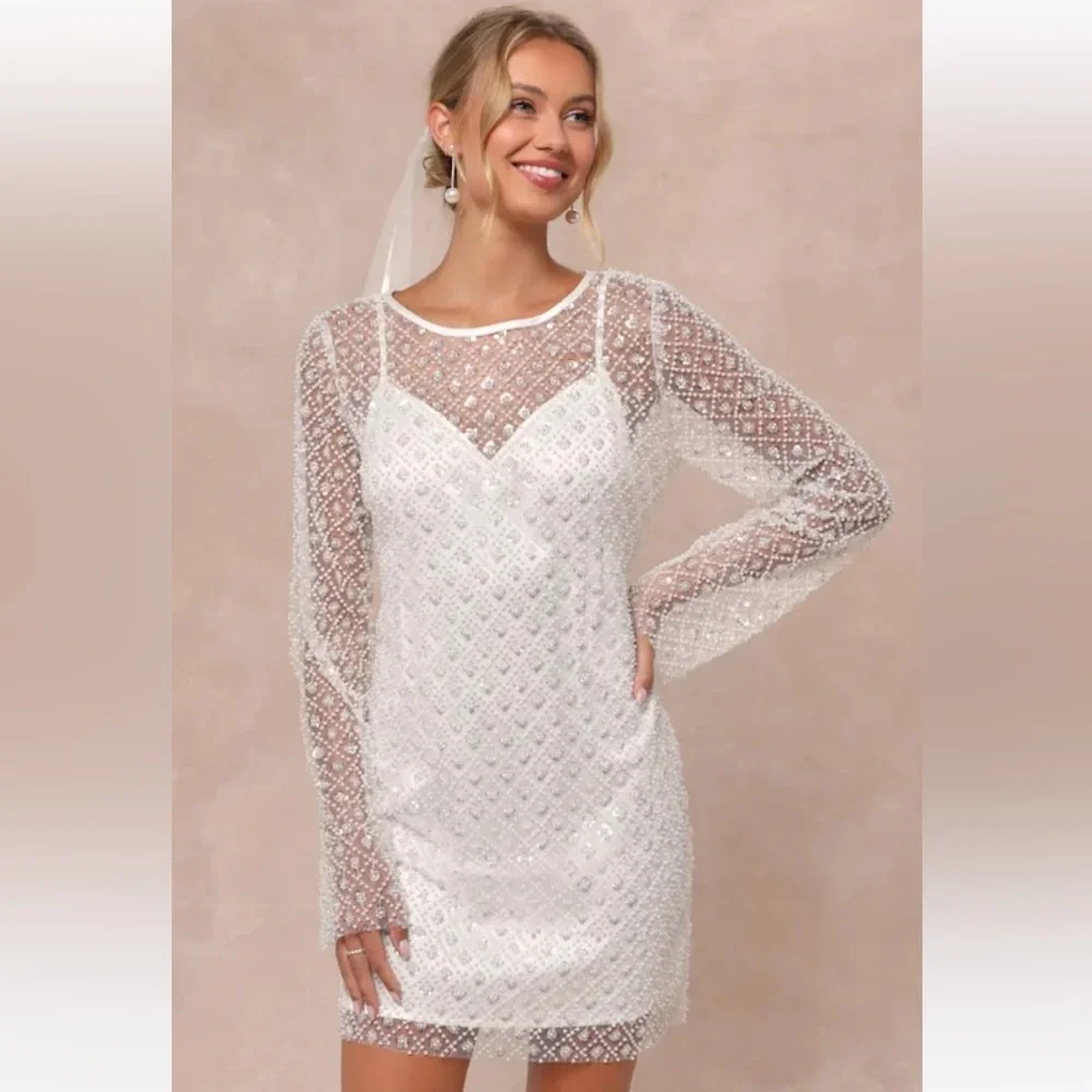 Lulus | Dresses | Lulus Glowing Charisma White Sequin Pearl Mesh Long ...